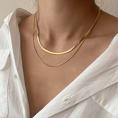 CHESKY Layered Necklace for Women, Double Layer Snake Chain Necklace 14k Gold Plated Layering Herringbone Necklace Gold Chunky Thick Chain Choker Necklace Gifts for Girls