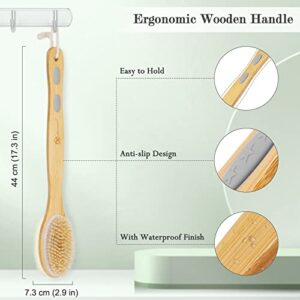 FREATECH Long Bamboo Handle Body Brush Back Scrubber - Dual-Sided Bath Shower Brush with Stiff and Soft Bristles for Wet or Dry Brushing, Exfoliating Skin, Cellulite Removal and Lymphatic Drainage