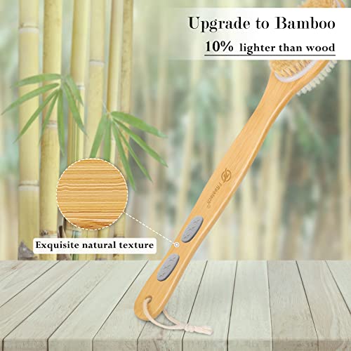 FREATECH Long Bamboo Handle Body Brush Back Scrubber - Dual-Sided Bath Shower Brush with Stiff and Soft Bristles for Wet or Dry Brushing, Exfoliating Skin, Cellulite Removal and Lymphatic Drainage