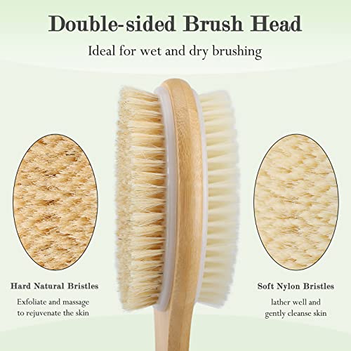 FREATECH Long Bamboo Handle Body Brush Back Scrubber - Dual-Sided Bath Shower Brush with Stiff and Soft Bristles for Wet or Dry Brushing, Exfoliating Skin, Cellulite Removal and Lymphatic Drainage