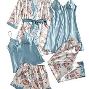 MakeMeChic Women's 5 Piece Sleepwear Floral Satin Cami Pajama Set Silk Nightgown with Robe Blue L