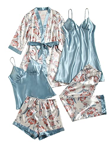 MakeMeChic Women's 5 Piece Sleepwear Floral Satin Cami Pajama Set Silk Nightgown with Robe Blue L