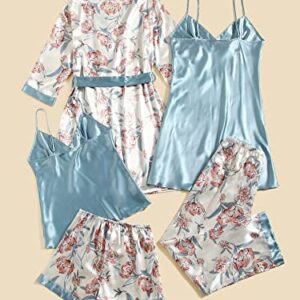 MakeMeChic Women's 5 Piece Sleepwear Floral Satin Cami Pajama Set Silk Nightgown with Robe Blue L