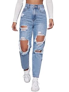 makemechic women's high waist straight leg ripped jeans distressed denim pants light wash2 m