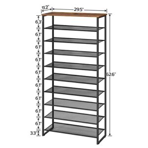 HOOBRO 10-Tier Shoe Rack, Large Capacity Shoe Organizer Shelf, Shoe Storage Unit for 27-36 Pairs of Shoes, for Entryway, Hallway, Closet, Dorm Room, Industrial, Rustic Brown BF107XJ01