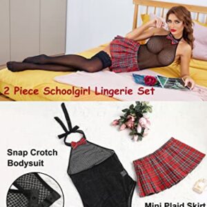 Avidlove Schoolgirl Lingerie for Women Roleplay Lingerie Set Sexy Student Costumes Snap Crotch Bodysuit Teddy and Mini Skirt Black Medium