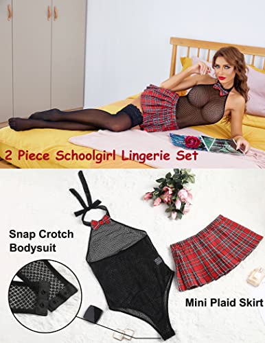 Avidlove Schoolgirl Lingerie for Women Roleplay Lingerie Set Sexy Student Costumes Snap Crotch Bodysuit Teddy and Mini Skirt Black Medium