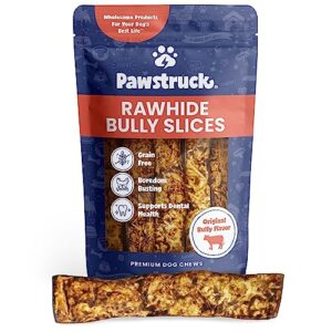 pawstruck bully slices rawhide chews for dog, 1 lb. long lasting treats, pet food, low calorie bully sticks alternative, beef flavor, pizzle coated chew sticks, no artificial ingredients, 1 pounds