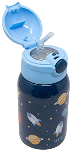 MIRA 15 oz Kids Stainless Steel Water Bottle - Thermos Insulated Flask Keeps Cold - One Touch Straw Lid Cap, Blue - Planets