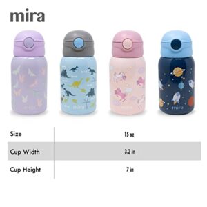 MIRA 15 oz Kids Stainless Steel Water Bottle - Thermos Insulated Flask Keeps Cold - One Touch Straw Lid Cap, Blue - Planets