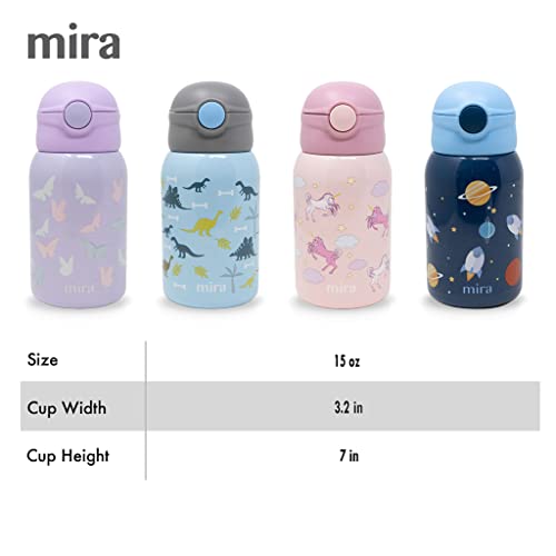 MIRA 15 oz Kids Stainless Steel Water Bottle - Thermos Insulated Flask Keeps Cold - One Touch Straw Lid Cap, Blue - Planets