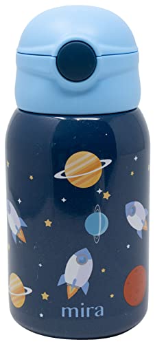 MIRA 15 oz Kids Stainless Steel Water Bottle - Thermos Insulated Flask Keeps Cold - One Touch Straw Lid Cap, Blue - Planets