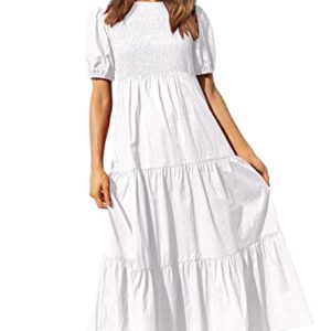 LOGENE Women Short Sleeve Crew Neck Smocked Elastic Waist Tiered Maxi Dress Summer Boho Solid Color Sun Dresses-484-baise-L