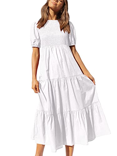 LOGENE Women Short Sleeve Crew Neck Smocked Elastic Waist Tiered Maxi Dress Summer Boho Solid Color Sun Dresses-484-baise-L