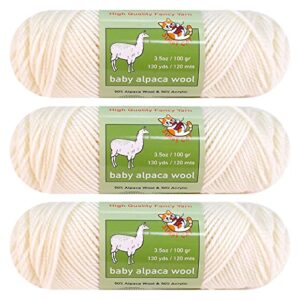 3-Pack Baby Alpaca Wool Blend Yarn Worsted Weight Fashion Collection Art Crafts Crochet and Knitting Sunny Cat Premium Brand ( White)