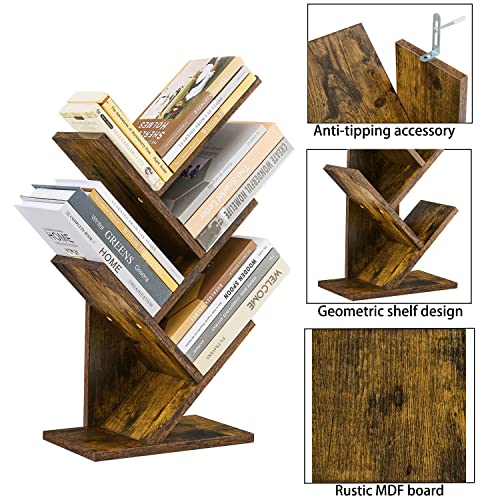 Hoctieon 4 Tier Tree Bookshelf, 4 Shelf Bookcase, Modern Book Storage, Free Standing Tree Bookcase, Utility Organizer Shelves for Home Office, Living Room, Bedroom, Rustic Brown