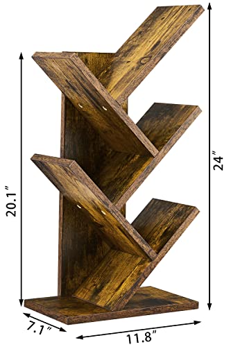 Hoctieon 4 Tier Tree Bookshelf, 4 Shelf Bookcase, Modern Book Storage, Free Standing Tree Bookcase, Utility Organizer Shelves for Home Office, Living Room, Bedroom, Rustic Brown