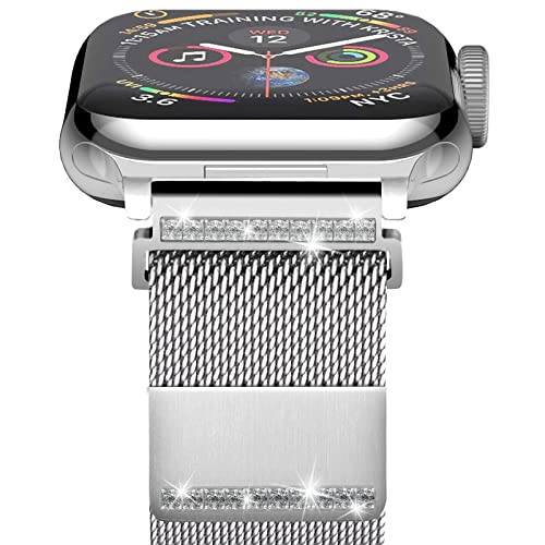 Magnetic Metal Band Compatible with Apple Watch Bands 38mm 40mm 41mm 42mm 44mm 45mm for Men Women, Stainless Steel Mesh Milanese Loop Diamond Strap Compatible for iWatch Series SE/7/6/5/4/3/2/1,Silver