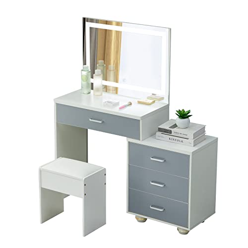 ND Large Vanity Set with 3 Color Touch LED Lighted Mirror, Dressing Table with 5 Drawers, Storage Shelves & Cushioned Stool for Bedroom, Makeup Desk White (46.5" L x13.8 W x50 H)