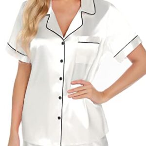 Satin Pajamas Women’s Short Sleeve Sleepwear Silk Soft Button Down Loungewear Pjs Set White M