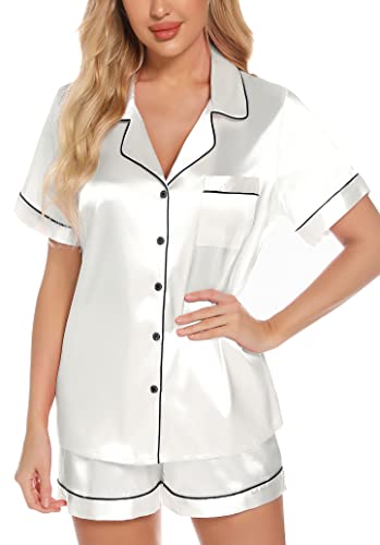 Satin Pajamas Women’s Short Sleeve Sleepwear Silk Soft Button Down Loungewear Pjs Set White M