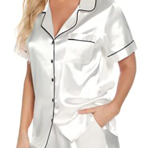 Satin Pajamas Women’s Short Sleeve Sleepwear Silk Soft Button Down Loungewear Pjs Set White M