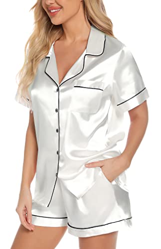 Satin Pajamas Women’s Short Sleeve Sleepwear Silk Soft Button Down Loungewear Pjs Set White M