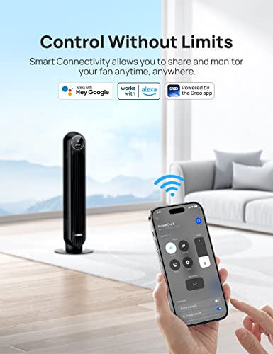 Dreo Tower Fan for Bedroom, Smart Oscillating Quiet Fans Blow Cold Air, Standing Cooling Floor Bladeless Fan with Remote and WiFi Voice Control, 4 Modes, 4 Speeds, 8H Timer, Works with Alexa/Google