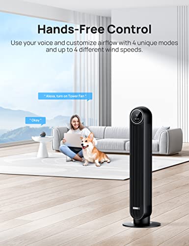 Dreo Tower Fan for Bedroom, Smart Oscillating Quiet Fans Blow Cold Air, Standing Cooling Floor Bladeless Fan with Remote and WiFi Voice Control, 4 Modes, 4 Speeds, 8H Timer, Works with Alexa/Google