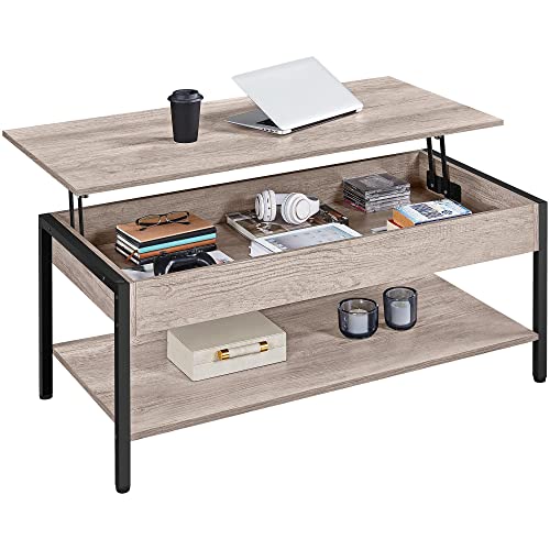 Yaheetech Lift Top Coffee Table, 47.5 In Coffee Table with Hidden Storage Compartment, Wooden Lift Up Central Table for Living Room & Reception Room, Gray