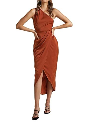 LYANER Women's One Shoulder Ruched Sleeveless Split Slit Wrap Hem Zipper Midi Dress Rust Brown Medium