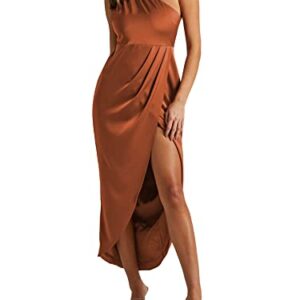 LYANER Women's One Shoulder Ruched Sleeveless Split Slit Wrap Hem Zipper Midi Dress Rust Brown Medium