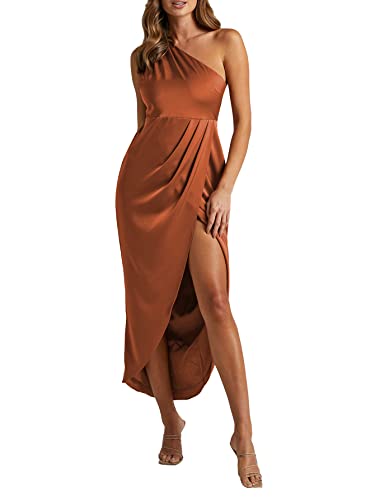 LYANER Women's One Shoulder Ruched Sleeveless Split Slit Wrap Hem Zipper Midi Dress Rust Brown Medium