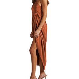 LYANER Women's One Shoulder Ruched Sleeveless Split Slit Wrap Hem Zipper Midi Dress Rust Brown Medium