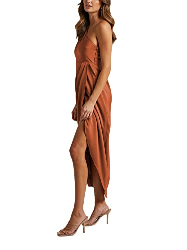 LYANER Women's One Shoulder Ruched Sleeveless Split Slit Wrap Hem Zipper Midi Dress Rust Brown Medium