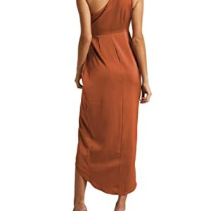 LYANER Women's One Shoulder Ruched Sleeveless Split Slit Wrap Hem Zipper Midi Dress Rust Brown Medium