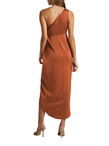 LYANER Women's One Shoulder Ruched Sleeveless Split Slit Wrap Hem Zipper Midi Dress Rust Brown Medium