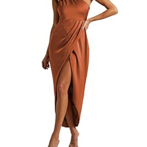 LYANER Women's One Shoulder Ruched Sleeveless Split Slit Wrap Hem Zipper Midi Dress Rust Brown Medium