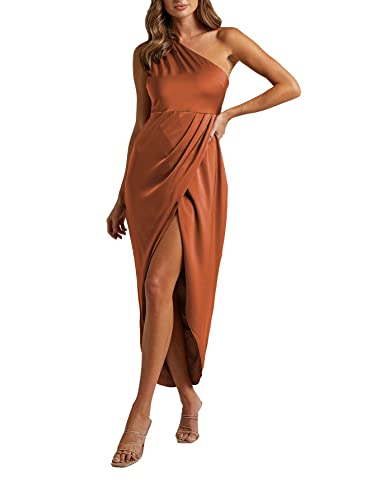 LYANER Women's One Shoulder Ruched Sleeveless Split Slit Wrap Hem Zipper Midi Dress Rust Brown Medium