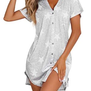 Ekouaer Short Sleeve Sleepwear Comfy Sleep Shirt Button Gown Dress Loose Fit Pajama Dress Nightwear