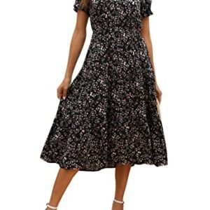 NAVINS Women Floral Print Puff Sleeve Tiered A-Line Swing Midi Dress with Pockets NA1002 (L,Black Print)