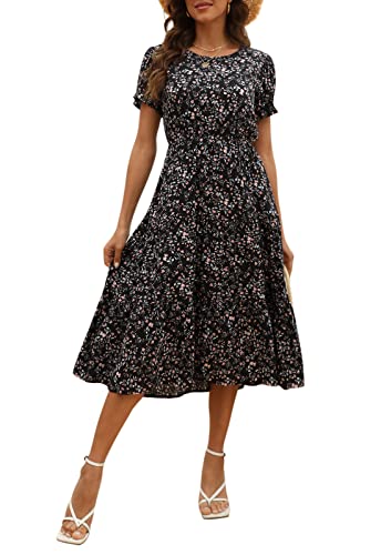 NAVINS Women Floral Print Puff Sleeve Tiered A-Line Swing Midi Dress with Pockets NA1002 (L,Black Print)