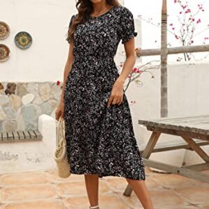 NAVINS Women Floral Print Puff Sleeve Tiered A-Line Swing Midi Dress with Pockets NA1002 (L,Black Print)