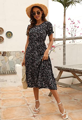 NAVINS Women Floral Print Puff Sleeve Tiered A-Line Swing Midi Dress with Pockets NA1002 (L,Black Print)