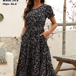 NAVINS Women Floral Print Puff Sleeve Tiered A-Line Swing Midi Dress with Pockets NA1002 (L,Black Print)