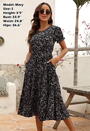 NAVINS Women Floral Print Puff Sleeve Tiered A-Line Swing Midi Dress with Pockets NA1002 (L,Black Print)