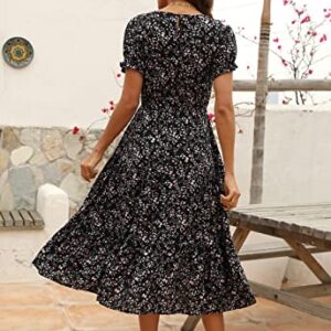 NAVINS Women Floral Print Puff Sleeve Tiered A-Line Swing Midi Dress with Pockets NA1002 (L,Black Print)