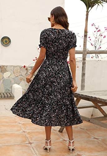 NAVINS Women Floral Print Puff Sleeve Tiered A-Line Swing Midi Dress with Pockets NA1002 (L,Black Print)