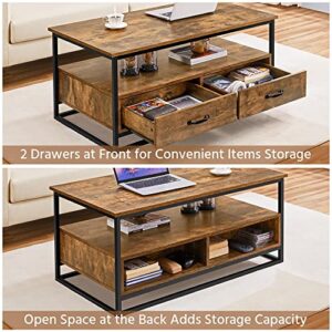 Yaheetech Farmhouse Coffee Table with Open Storage Shelves and 2 Drawers, 43.5" Length Center Table Cocktail Table with Metal Frame for Living Room, Rustic Brown