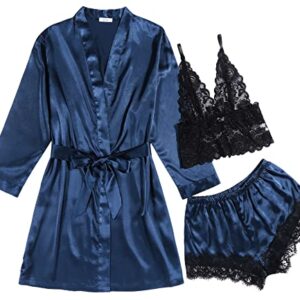 eshion Women's Satin Pajama Set 3 Pcs Silk Robe Set Sexy Lace Trim Cami Pjs Set with Shorts(Navy,Medium)